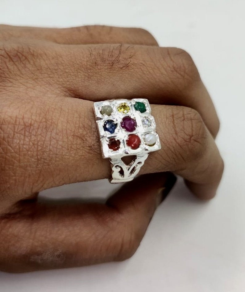 Natural Silver 925 Ring Setting Natural Stone Navratan Ruby Emeralg ...
