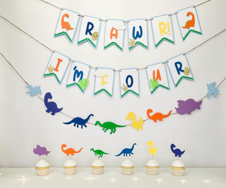 Dinosaur Birthday Banner for 4th Birthday Dino Party Decorations Three ...