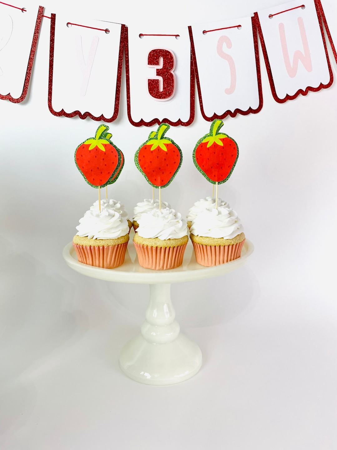 STRAWBERRY CUPCAKE TOPPERS Berry Sweet to Be 3 Strawberry Birthday ...