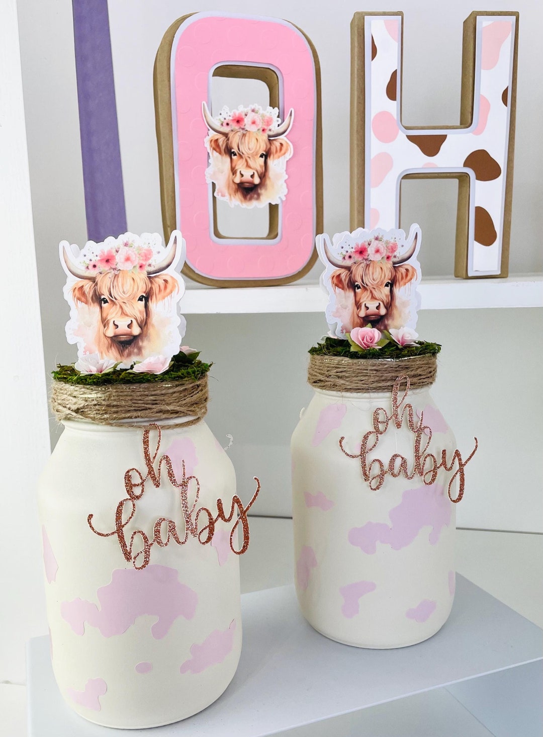 Highland Cow Centerpiece Mason Jar Table Decor Baby Girl Shower ...