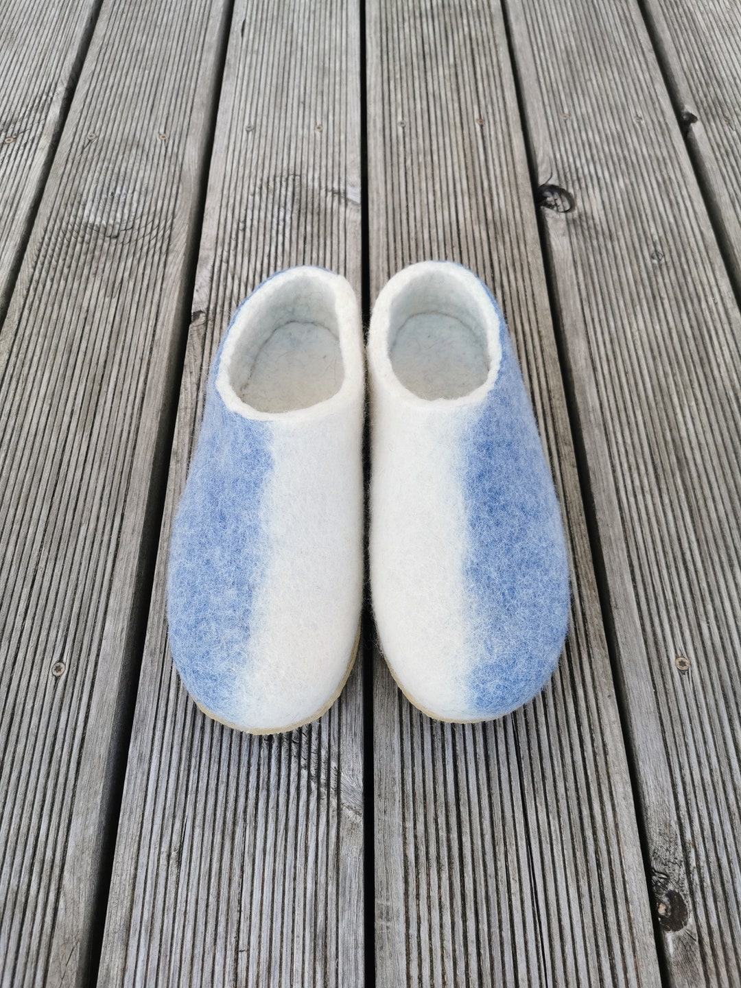 Felt Wool Slippers: White & Blue Handmade Hygge Shoes - Etsy
