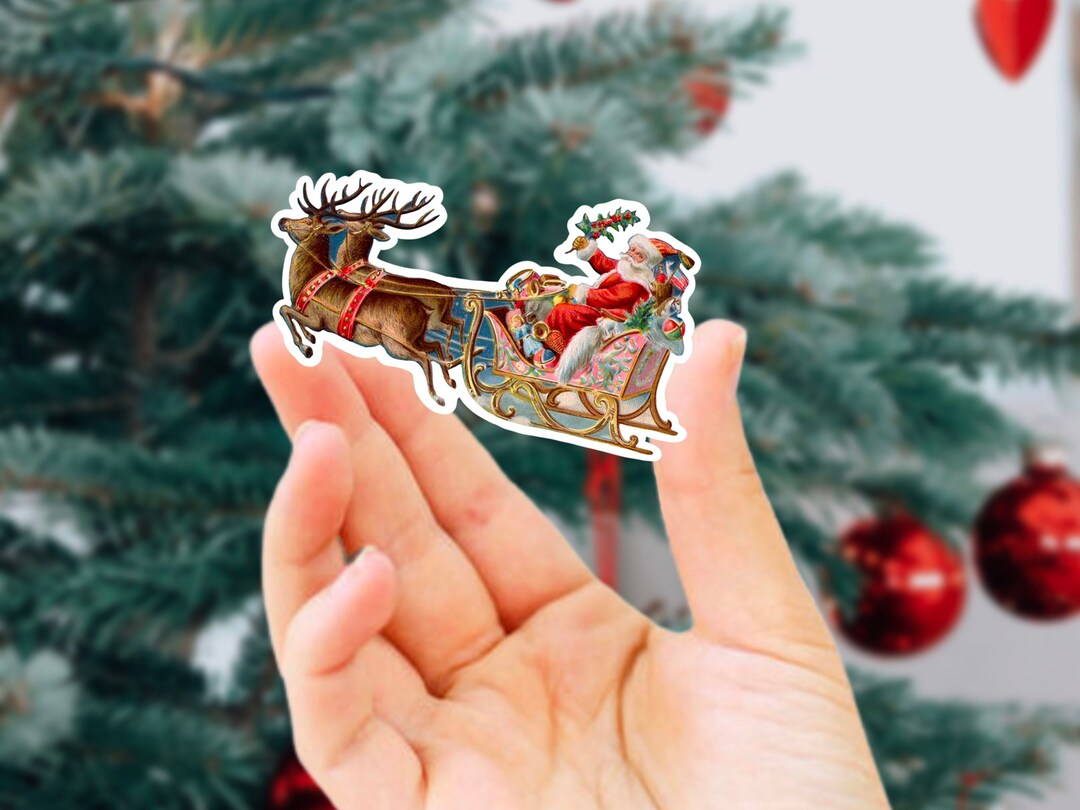 Vintage Santa Sleigh Sticker, Santa Claus, Christmas Decal, Holiday ...