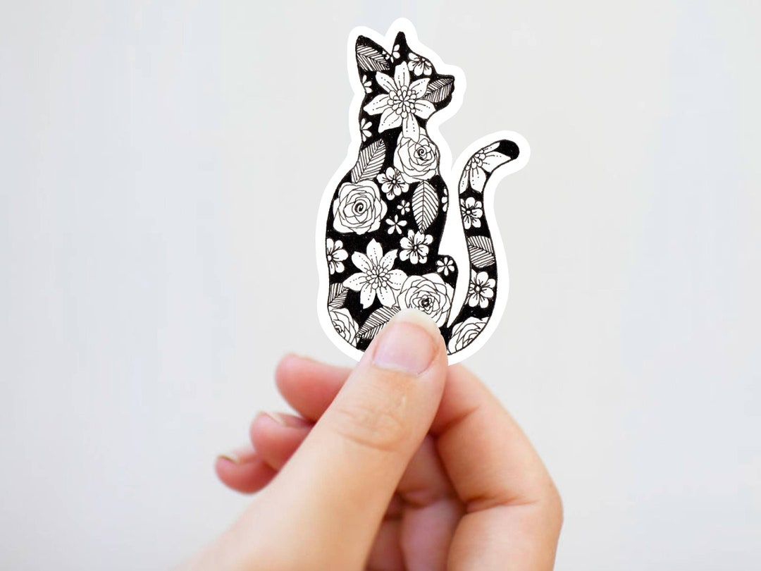 Black Cat Silhouette Sticker, Floral Cat, Water Bottle Sticker, Cat Mom ...