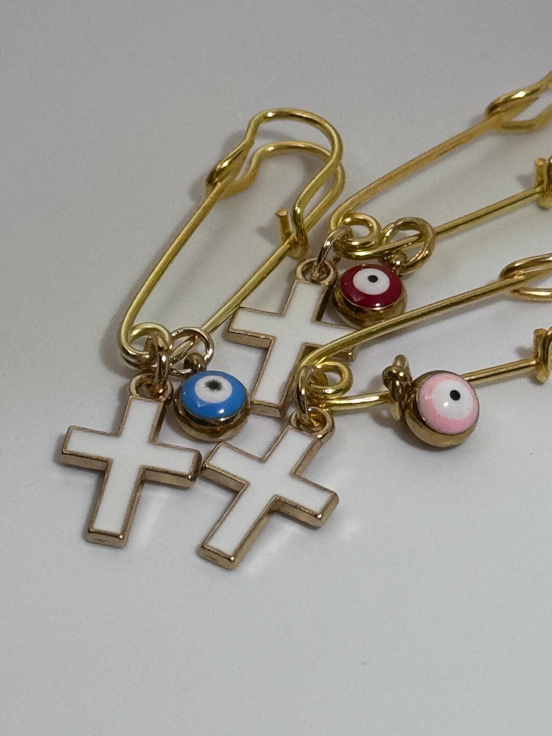 Cross Evil Eye Safety Pin Brooch | Blue Pink or Red Charm - Etsy