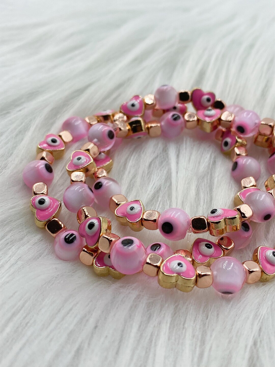 Pink Heart Evil Eye Beads, Pink Evil Eye, Rose Gold Hematite Squares ...