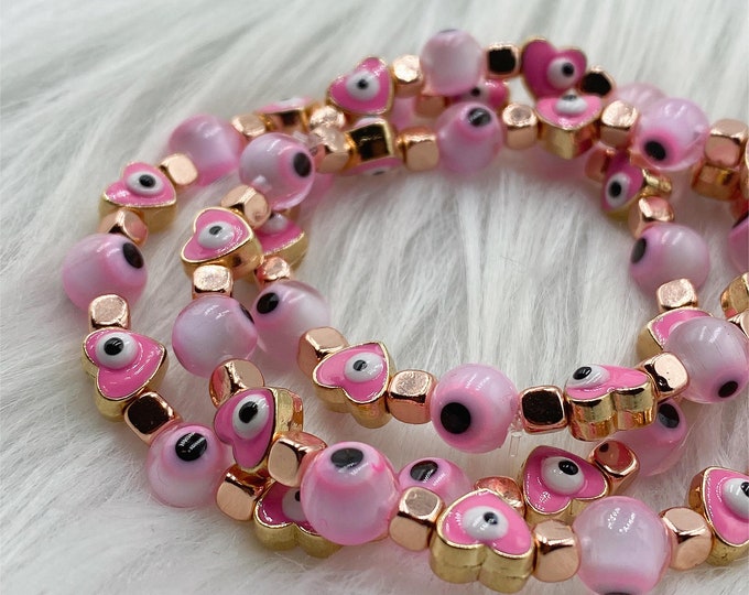 Pink Heart Evil Eye Beads, Pink Evil Eye, Rose Gold Hematite Squares ...