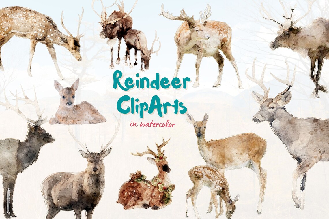 20 Reindeer Cliparts Reindeer Clip Art Deer Watercolor - Etsy