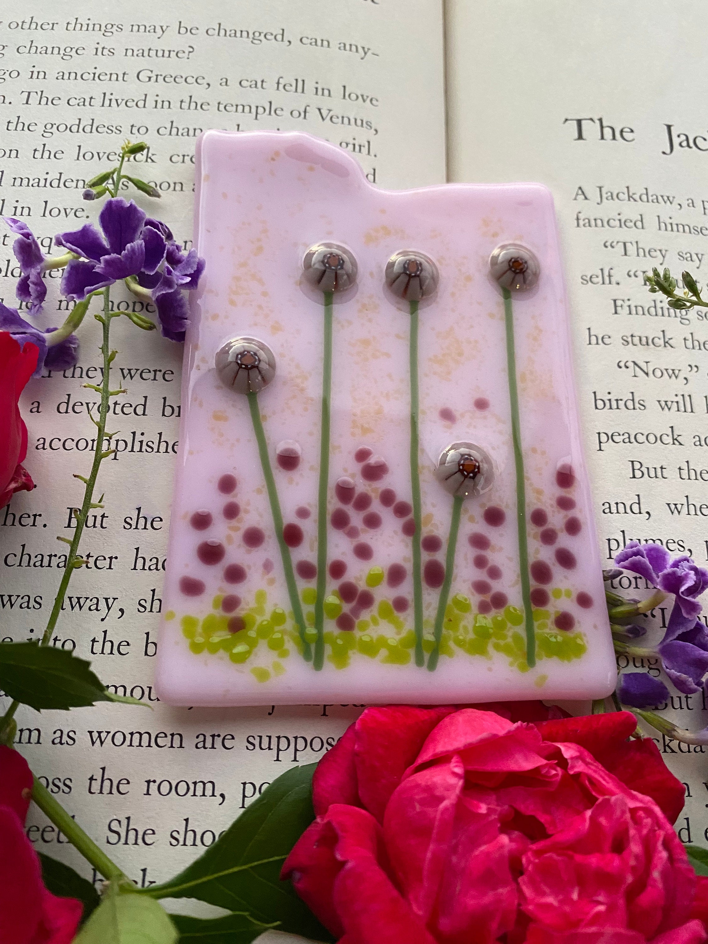 Fused Glass Floral Art Panel Pink Stained Glass Cottagecore Flowers ...
