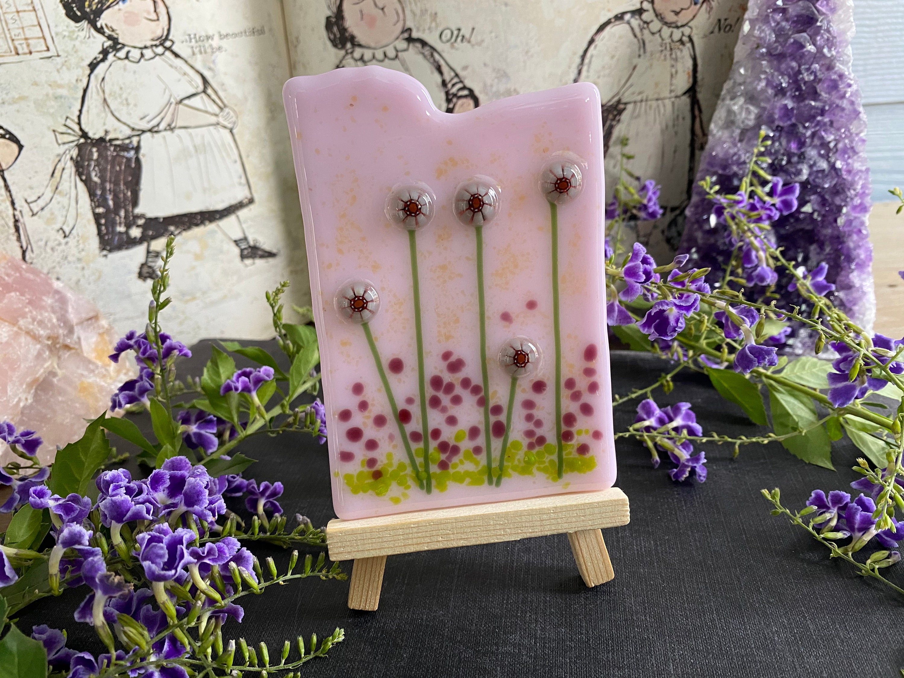 Fused Glass Floral Art Panel Pink Stained Glass Cottagecore Flowers ...