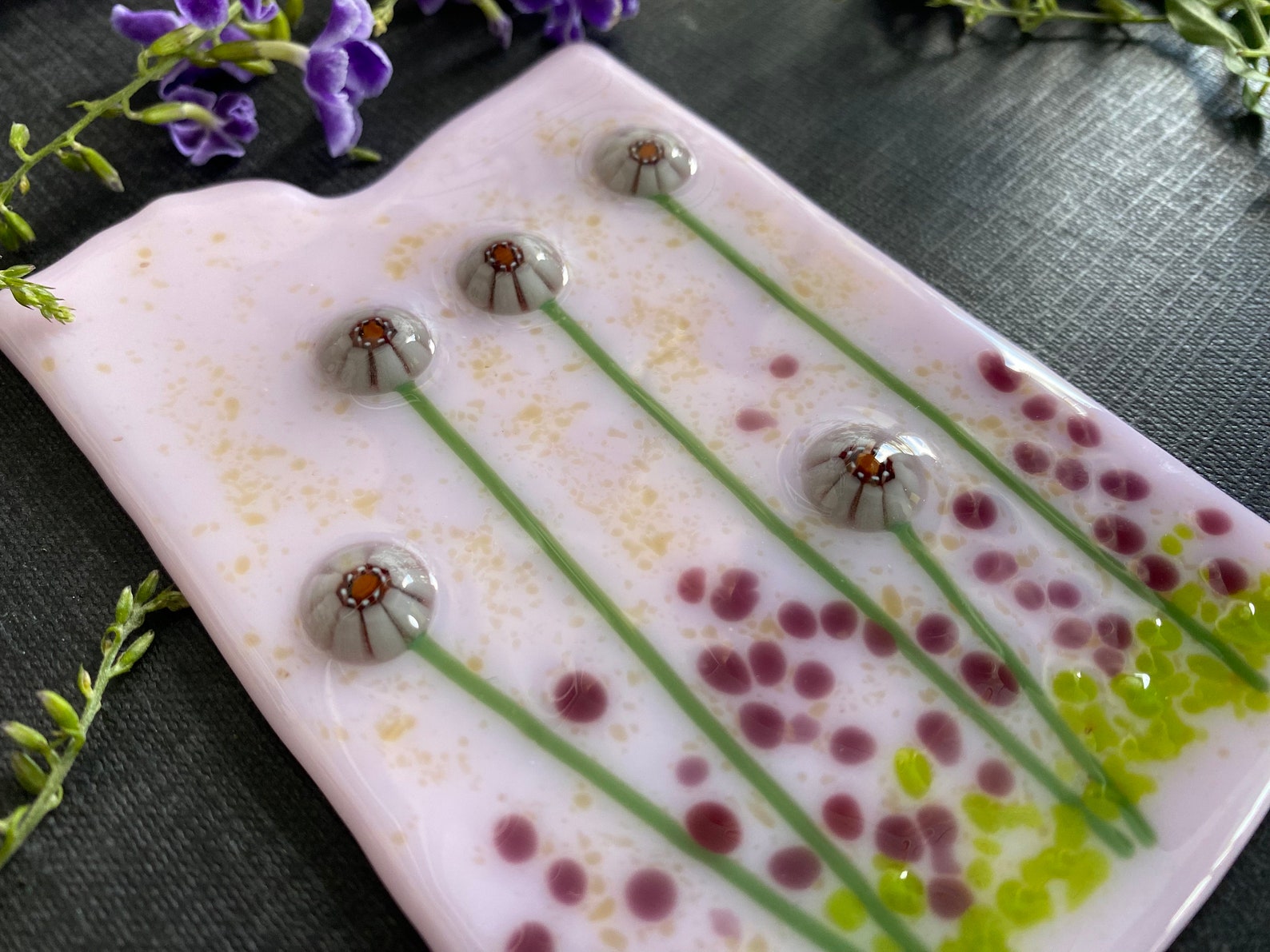 Fused Glass Floral Art Panel Pink Stained Glass Cottagecore Flowers ...