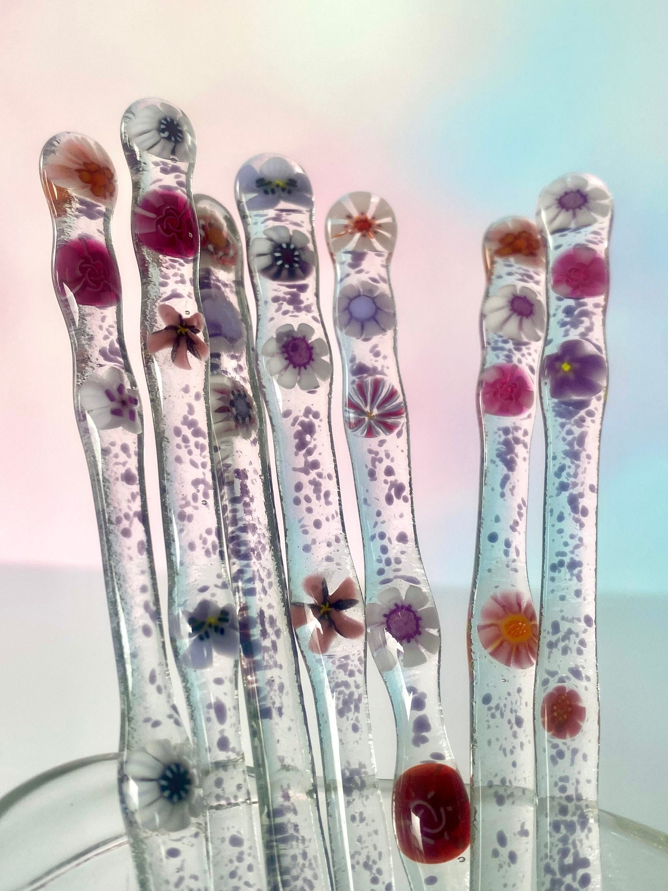 Glass Swizzle Sticks Set of Seven Drink Stirrers Moody Floral Purple ...