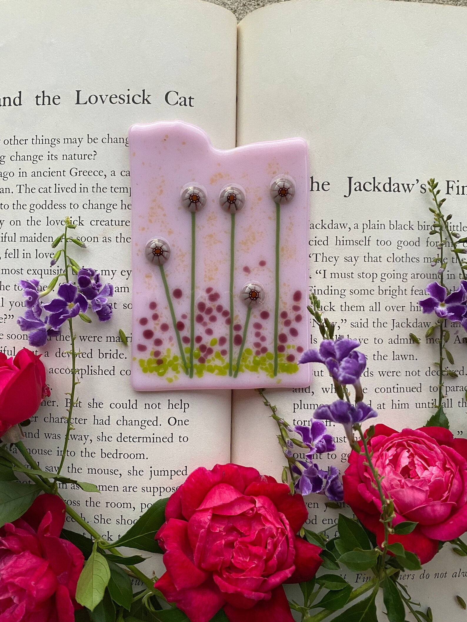 Fused Glass Floral Art Panel Pink Stained Glass Cottagecore Flowers ...