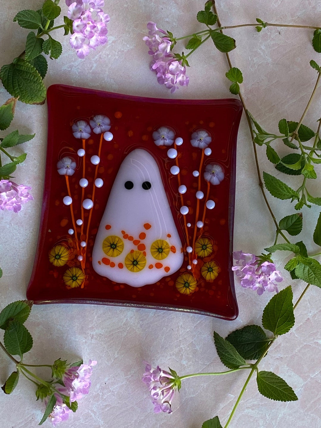 Floral Ghost Glass Tile - Fused Red Pink Yellow Flowers Spooky ...