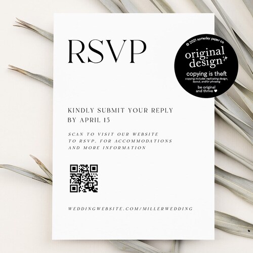 Minimalist RSVP QR Code Wedding Website Card Template | Etsy