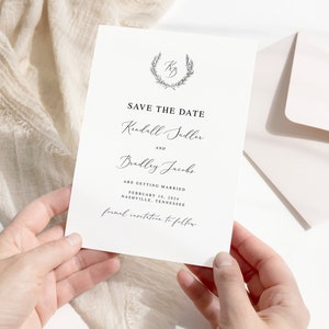Monogram Save the Date Template, Printable Initial Crest Save Our Date Cards, Classic Minimalist ...