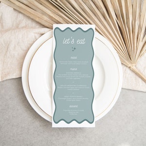 Wavy Menu Template, Printable Dusty Blue Slim Wedding Menu ...