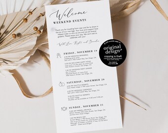 Wedding Weekend Events Card, Printable Wedding Timeline Template ...