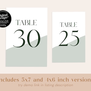 Printable Modern Green Wedding Table Numbers, Customizable Number Sign ...