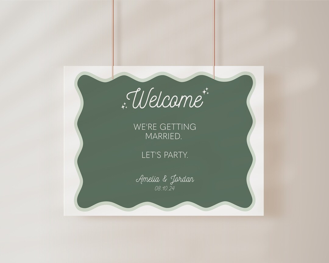 Wavy Welcome Sign Template, Printable Retro Green Wedding Welcome Sign ...