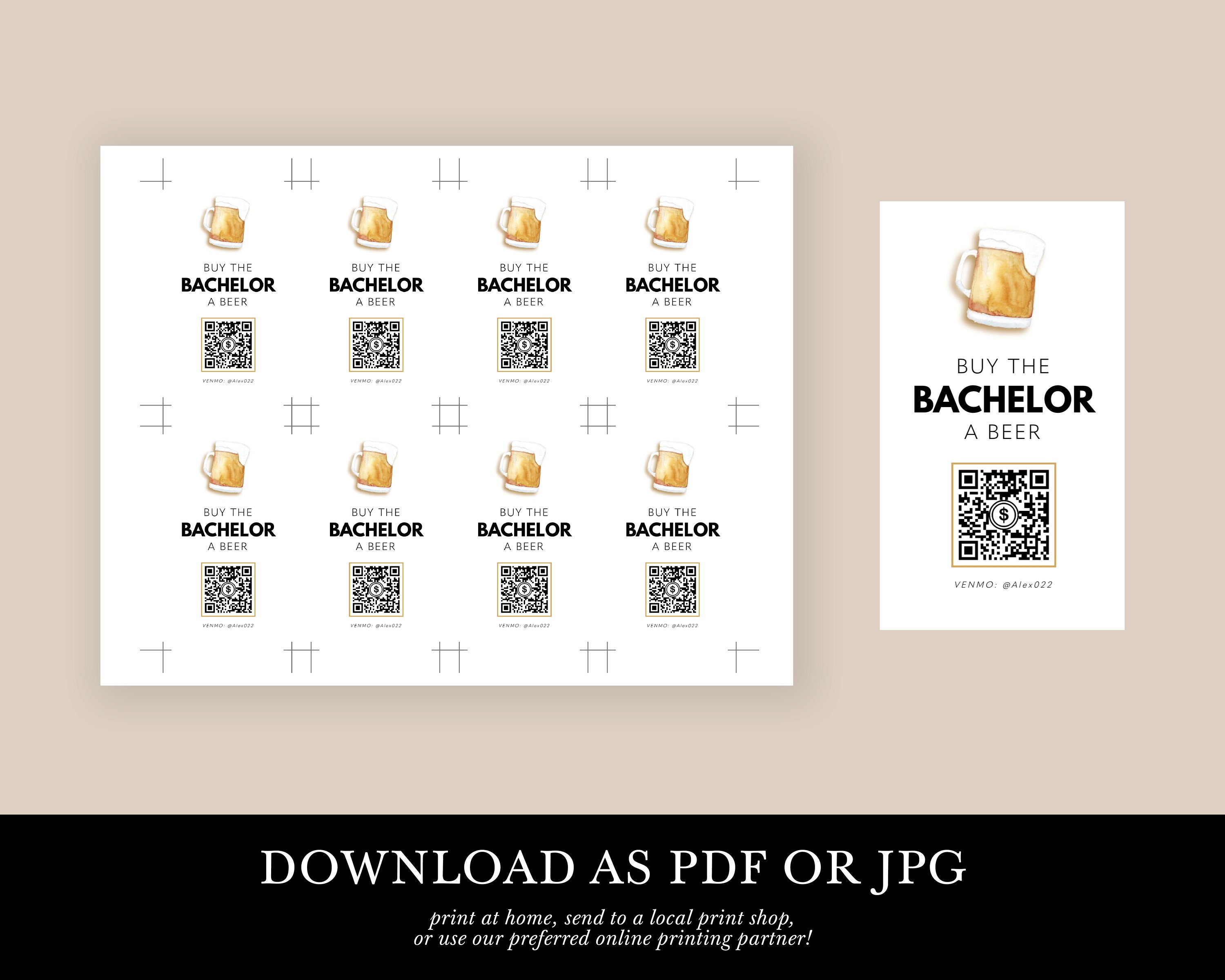 Buy the bachelor a beer printable qr code payment card | Etsy