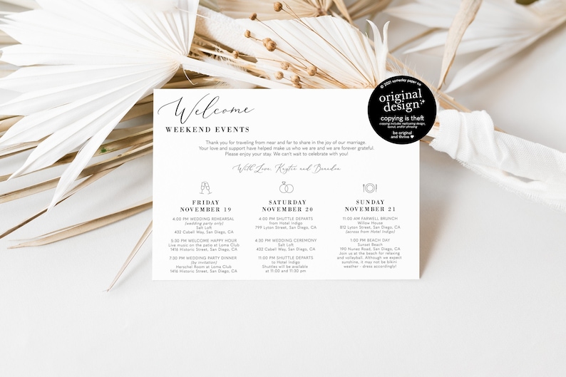 Wedding Weekend Events Card, Printable Wedding Timeline Template ...