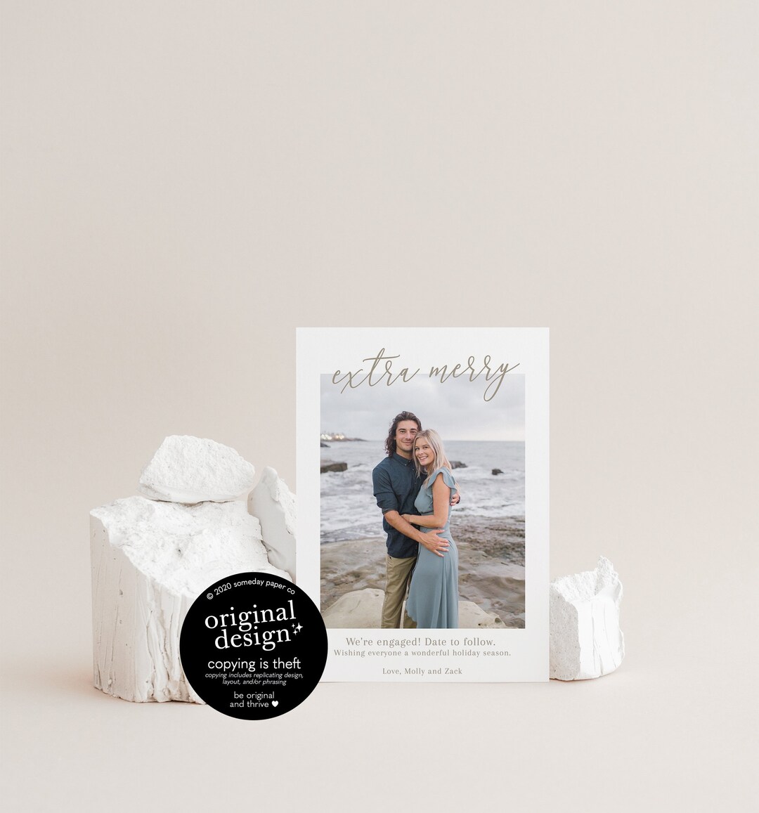 Engagement Christmas Card Template, Extra Merry, Holiday Save the Date ...