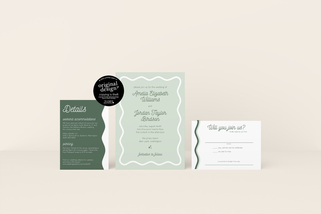 Wavy Wedding Invitation Set, Printable Customizable Sage Green Invite ...