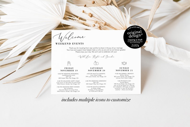 Wedding Weekend Events Card, Printable Wedding Timeline Template ...