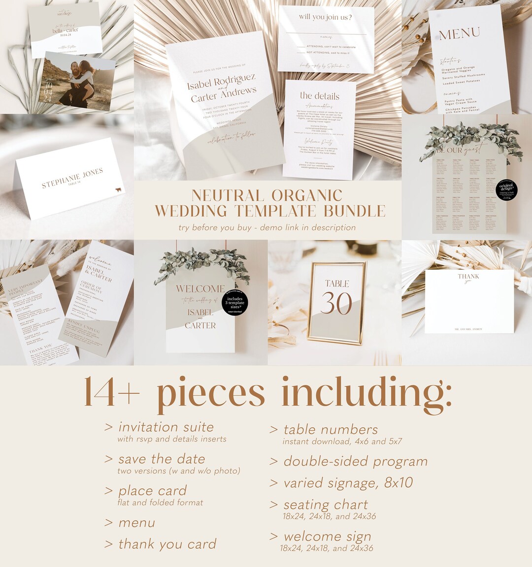 Neutral Organic Wedding Invitation Template Bundle, Earthy Beige Invite ...