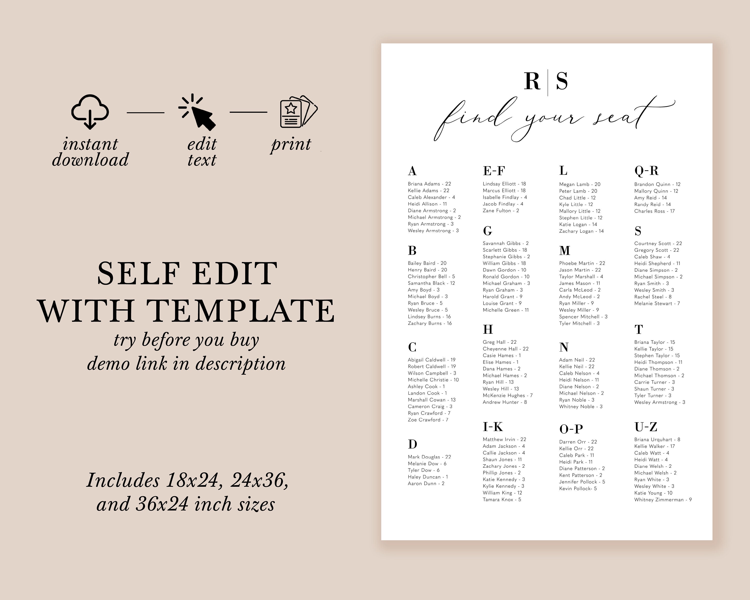 Alphabetical Wedding Seating Chart Template Editable Table | Etsy