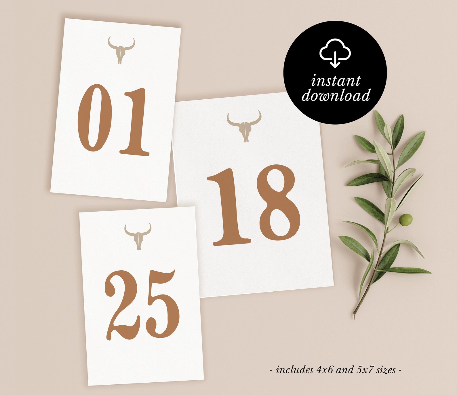 Printable Western Wedding Table Numbers, Longhorn Table Number Cards ...