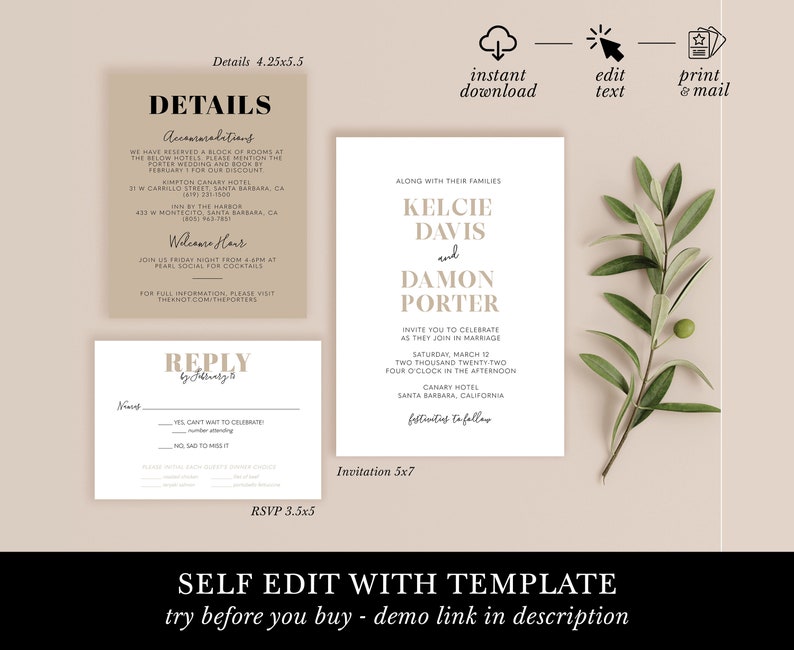 Neutral Modern Wedding Invitation Template Taupe Invitation - Etsy