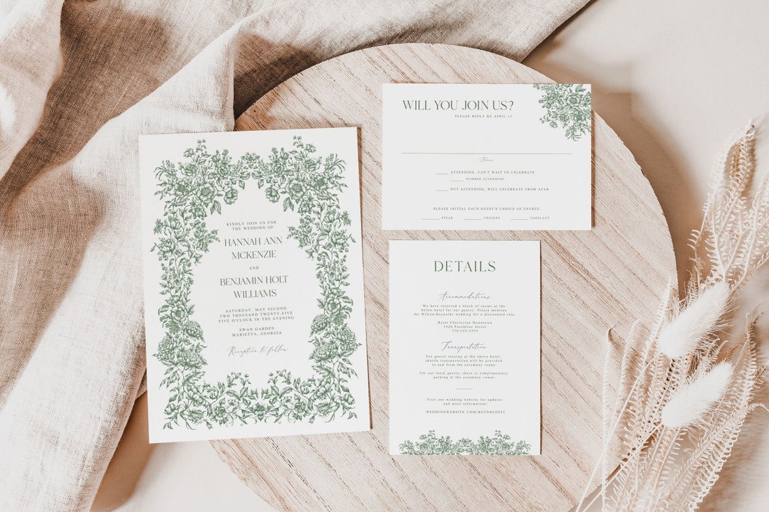 Regency Garden Wedding Invitation Template, Vintage Botanical Wedding ...