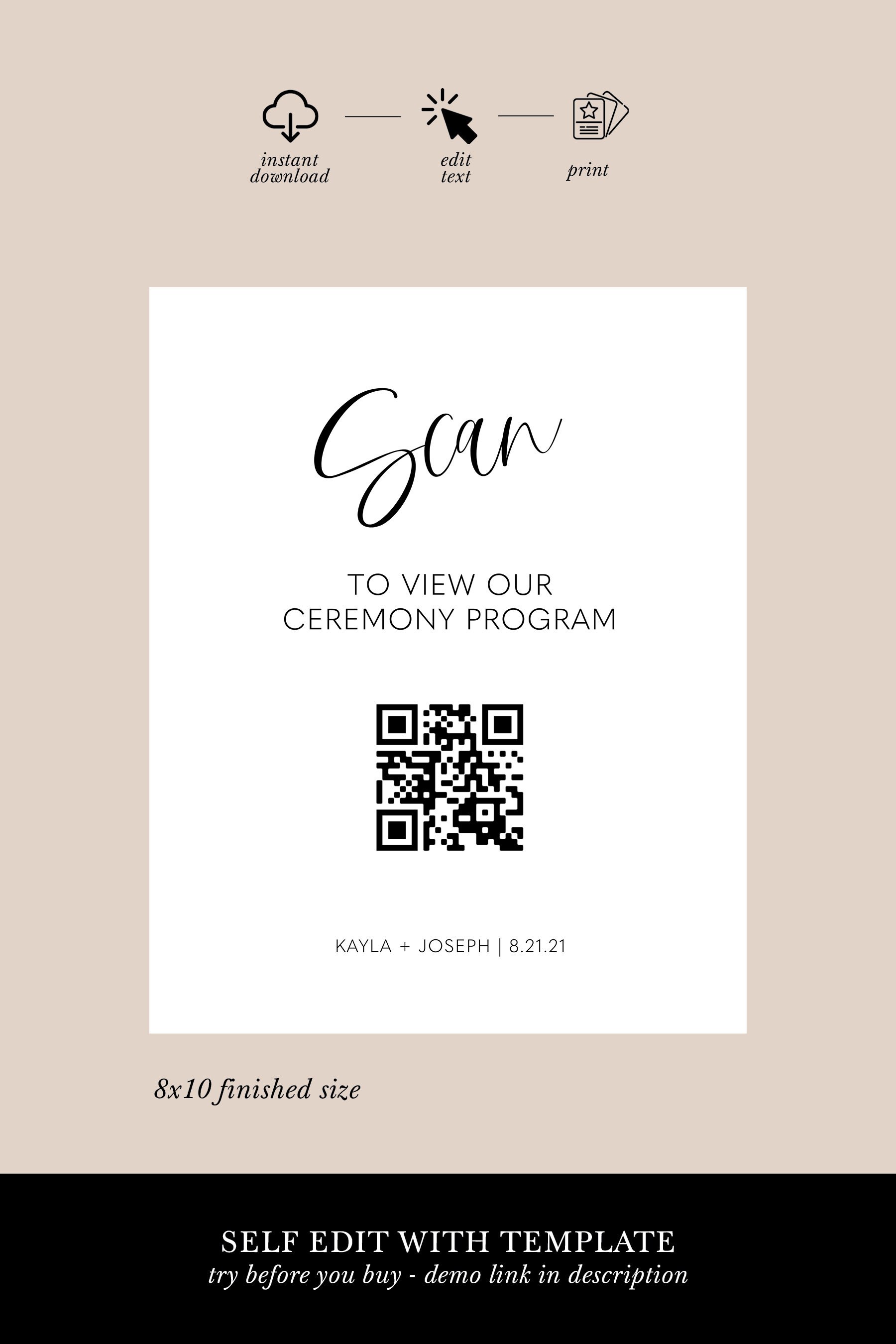 QR Code Sign for Wedding Program, Scan for Digital Ceremony Program ...