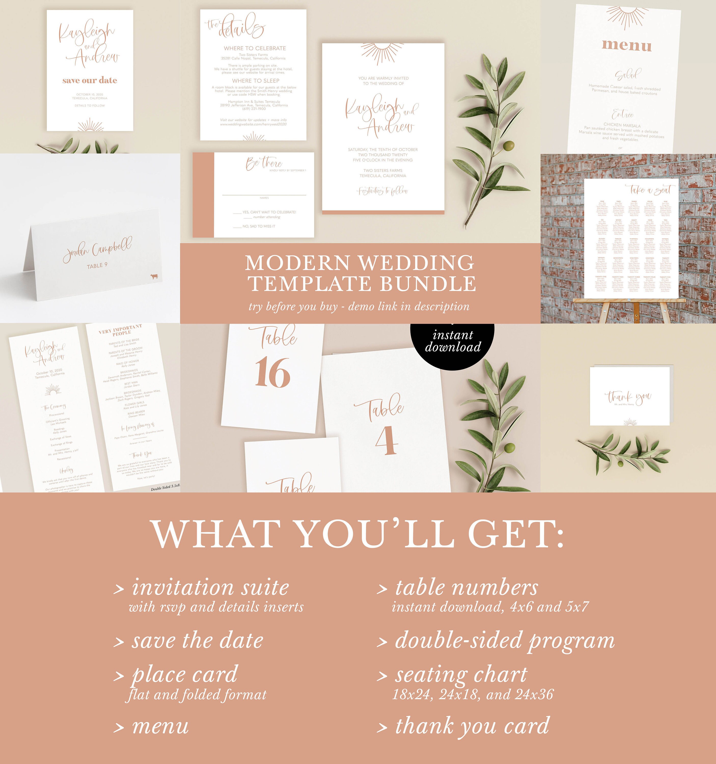 Modern wedding invitation template bundle sunrise ceremony | Etsy