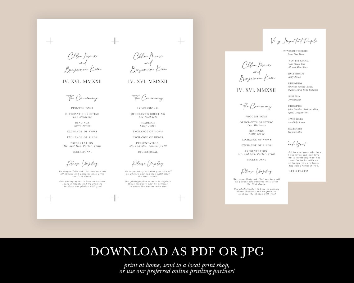 Minimalist Wedding Program Template Printable Modern Black | Etsy