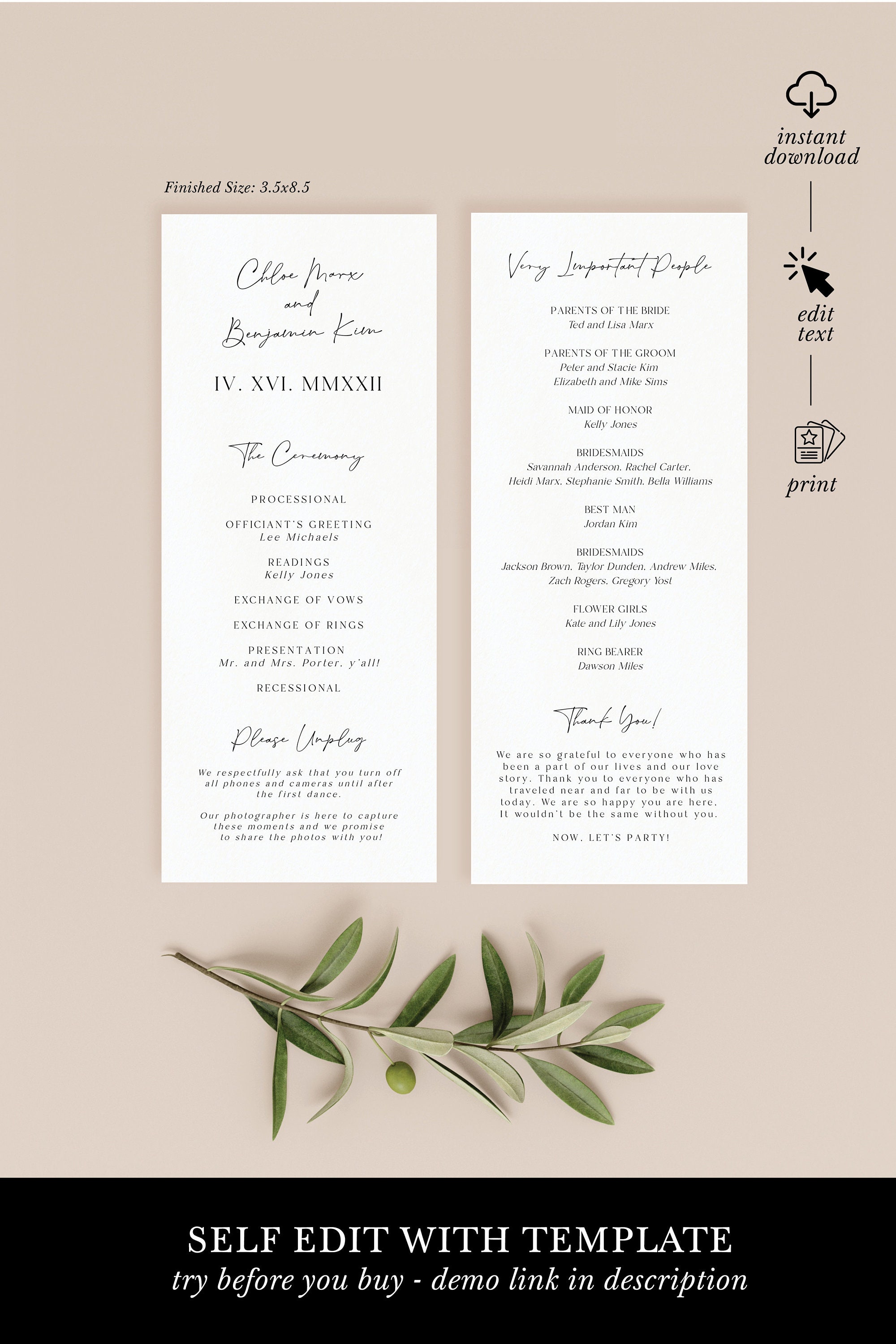 Minimalist Wedding Program Template Printable Modern Black | Etsy