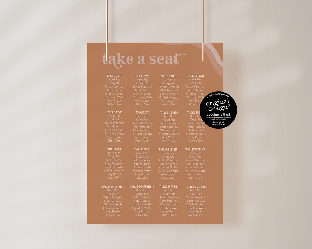 Retro Wedding Seating Chart Template, Burnt Orange Disco Reception ...