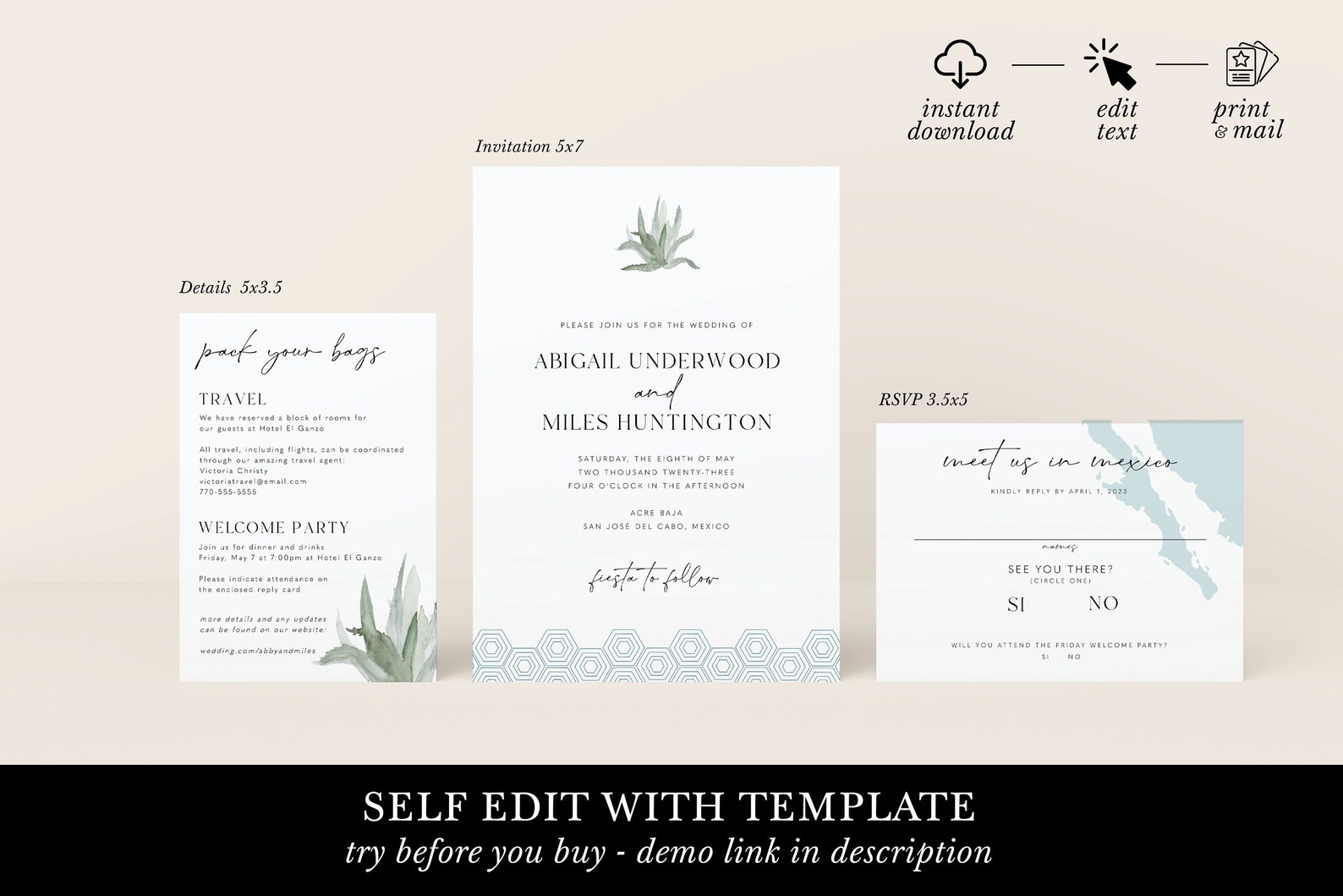 Agave Wedding Invitation Bundle Acre Baja Save the Date | Etsy