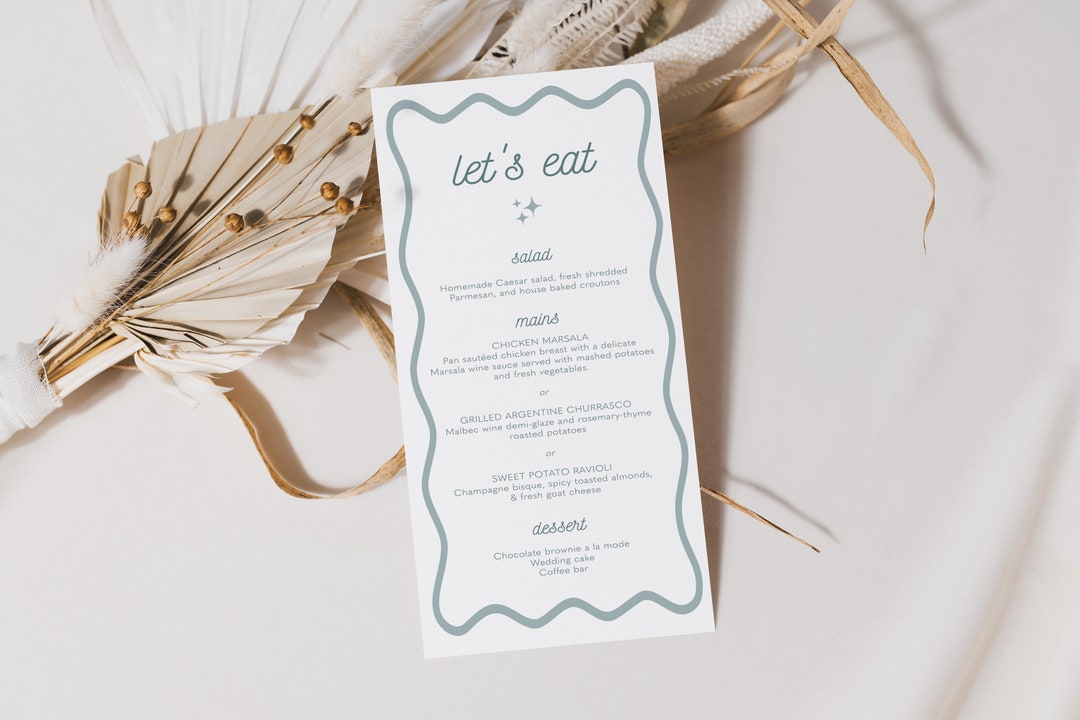 Whimsical Wave Menu Template, Funky Blue Retro Wedding Menus, Printable ...