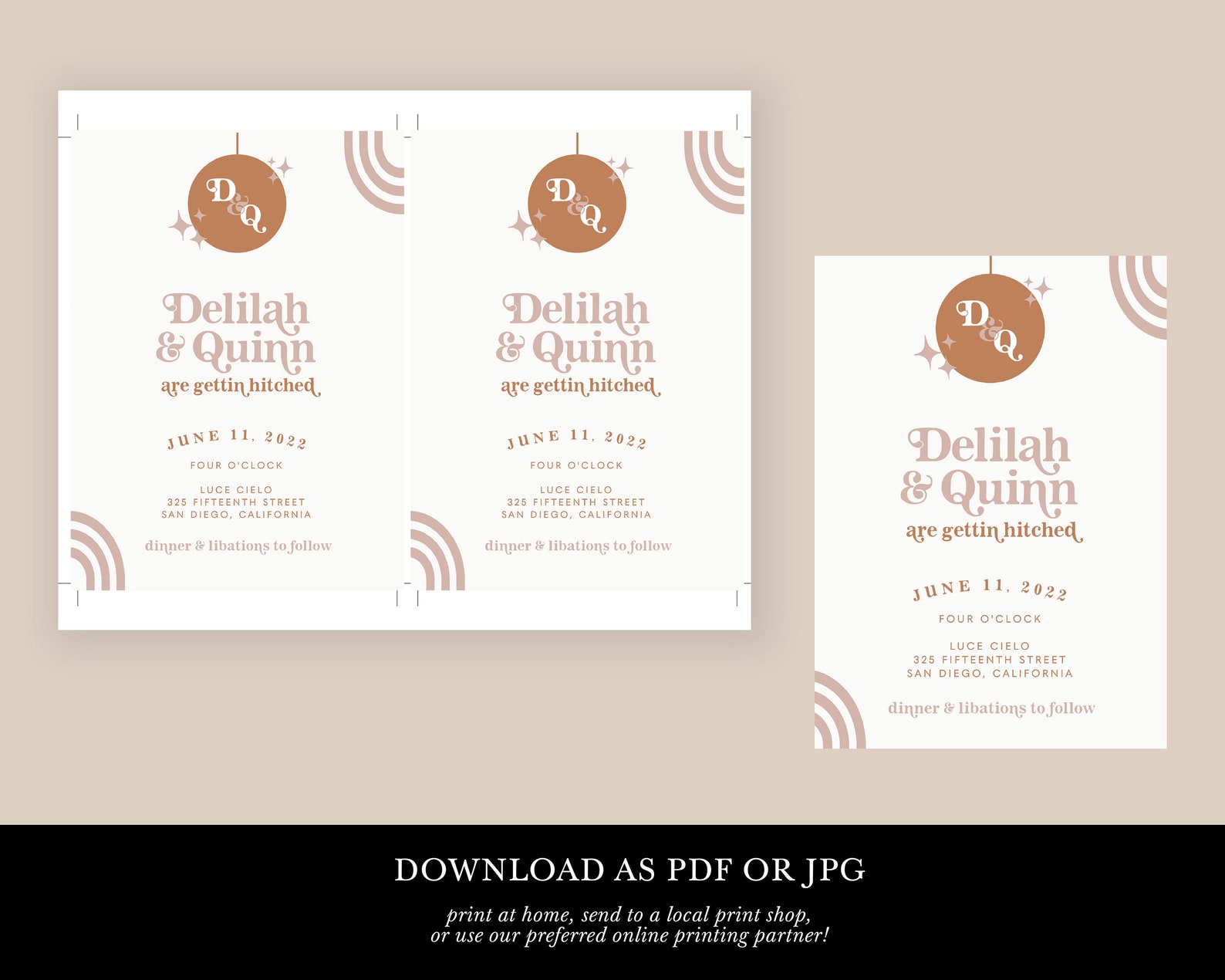 Disco Wedding Invitation Template, Printable Retro Reception Invite Set ...