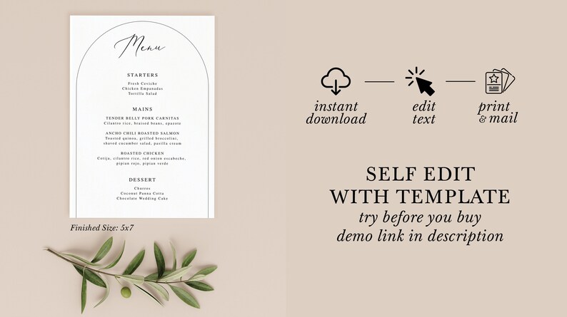 Modern Arch Wedding Menu Template Printable Boho Minimalist - Etsy