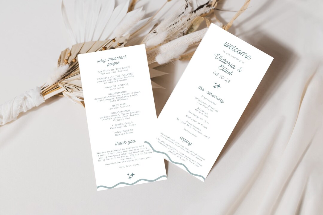 Editable Retro Wavy Wedding Program Template, Customizable Dusty Blue ...