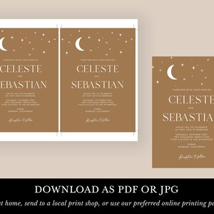 Celestial Wedding Invitation Template, Printable Boho Moon and Stars ...