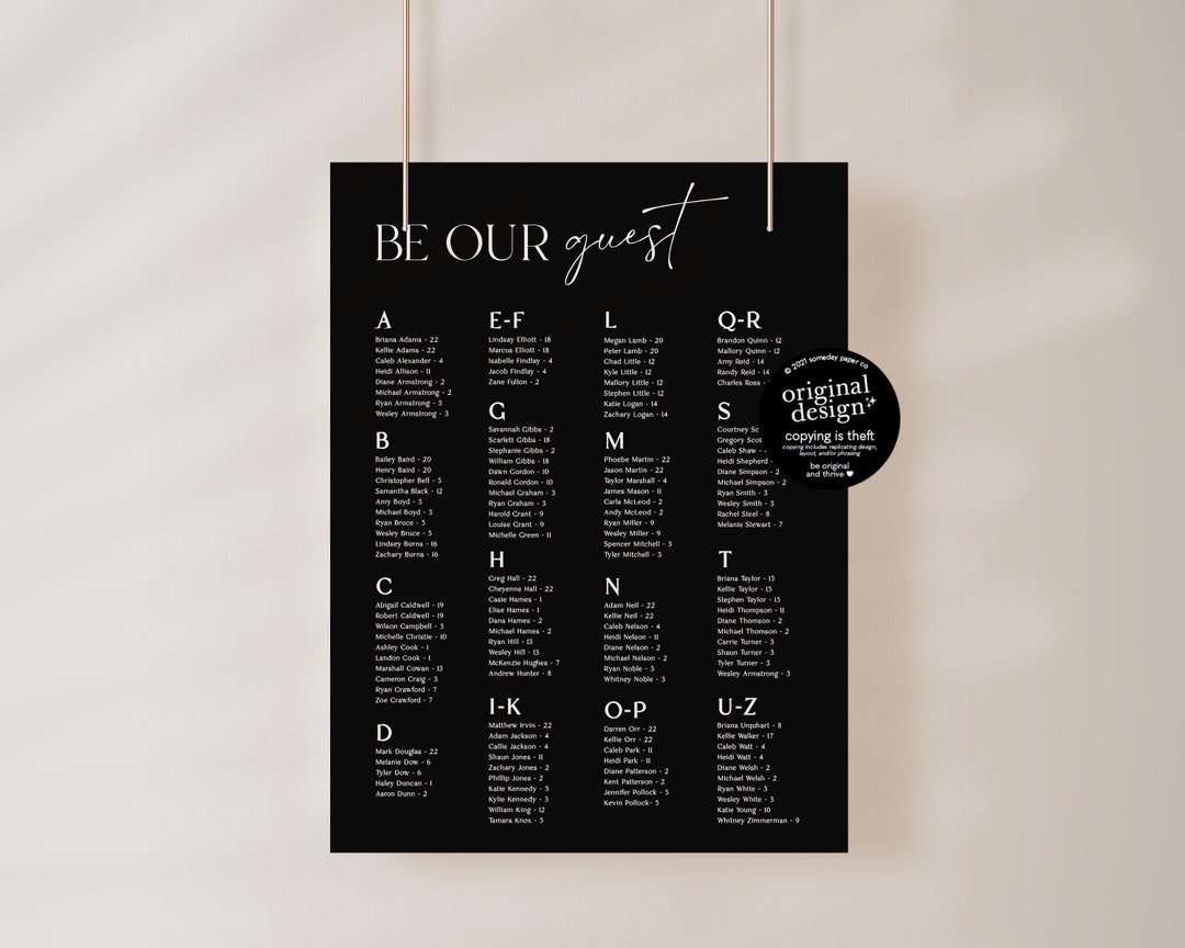 Modern Alphabetical Seating Chart Template, Printable Wedding Table ...