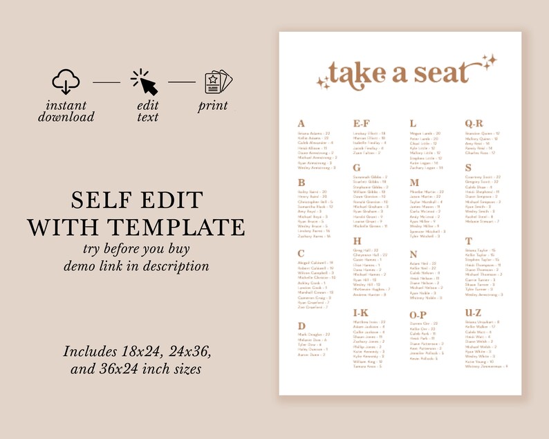 Retro Wedding Seating Chart by Name Printable Table - Etsy