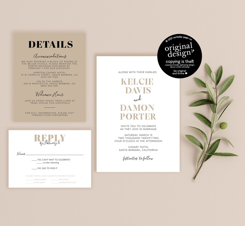 Neutral Modern Wedding Invitation Template Taupe Invitation - Etsy