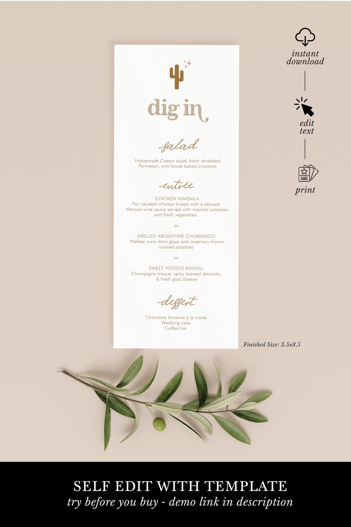 Cactus menu template printable boho desert menu modern rust | Etsy