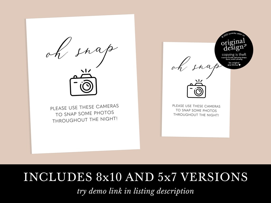 Disposable Camera Sign for Wedding Printable Oh Snap Capture - Etsy