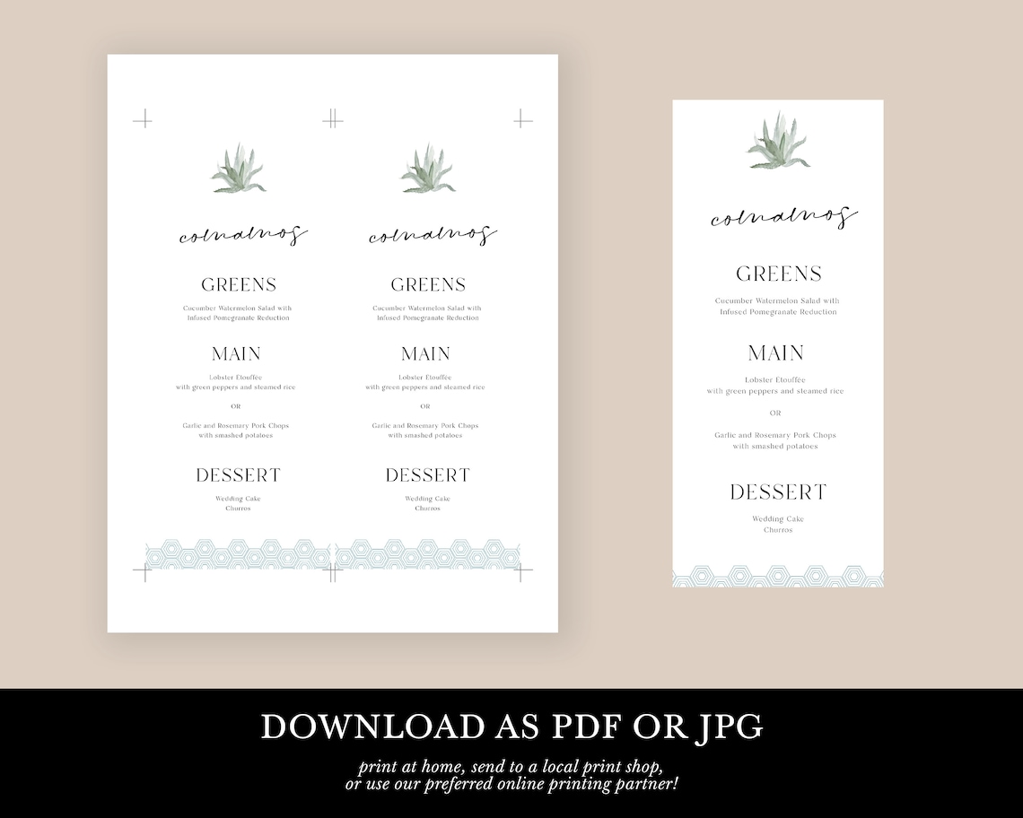 Agave Menu Template Printable Mexican Dinner Menu Succulent - Etsy